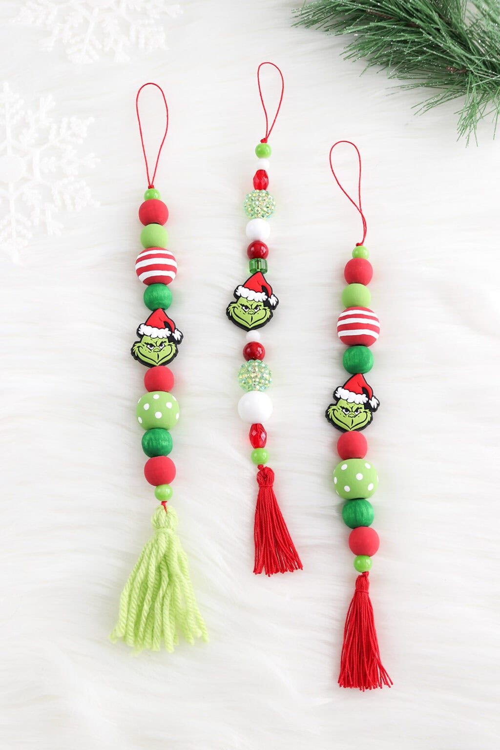 DIY Beaded Tassel Grinch Ornaments - Aubree Originals